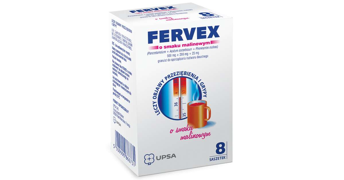 Fervex, smak malinowy, 8 saszetek - Długi termin ważności! - A-Manada